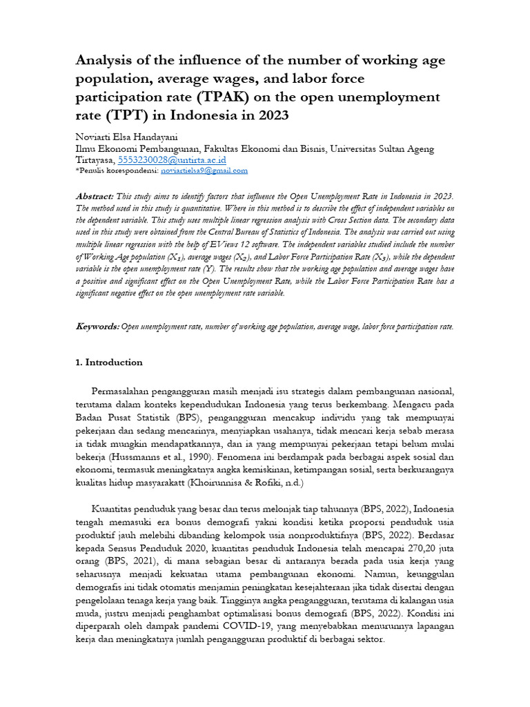Analisis Pengaruh Jumlah Penduduk Usia Kerja, Rata-Rata Upah, Dan Tingkat Partisipasi Angkatan ...