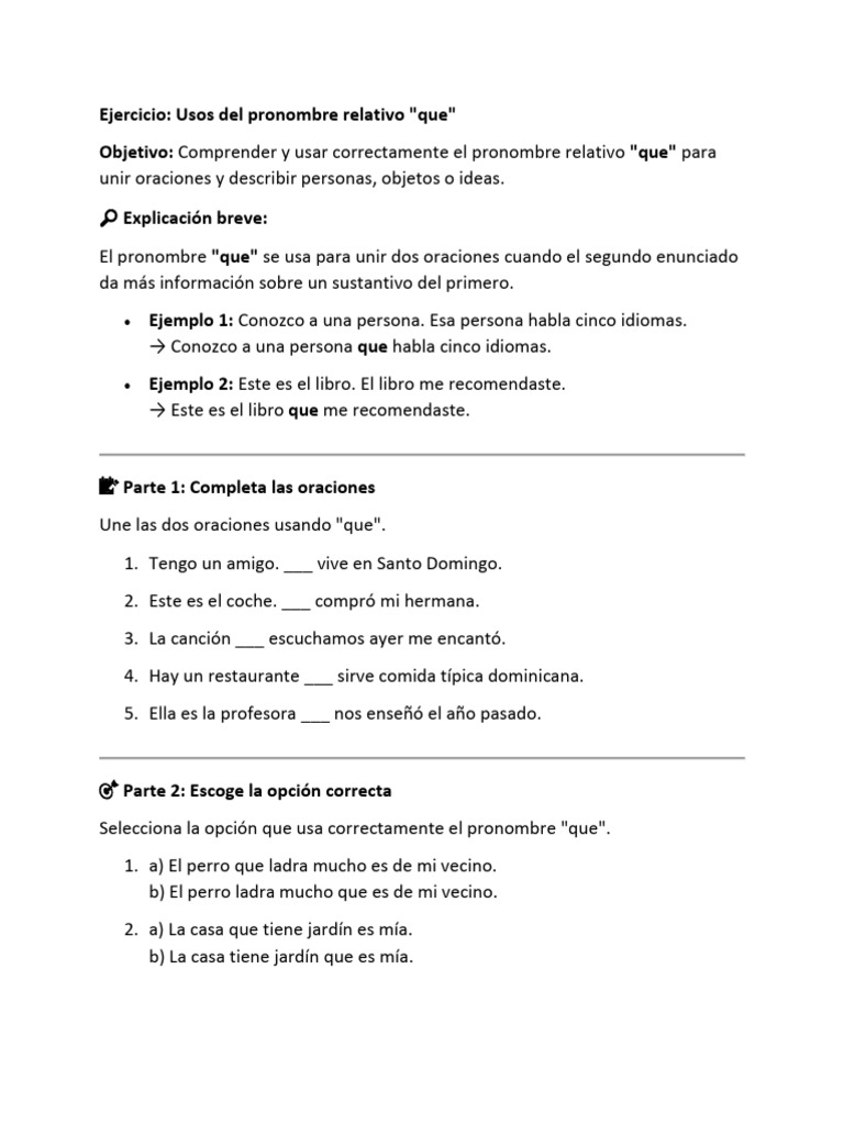 Ejercicio Usos Del Pronombre Relativo QUE | PDF