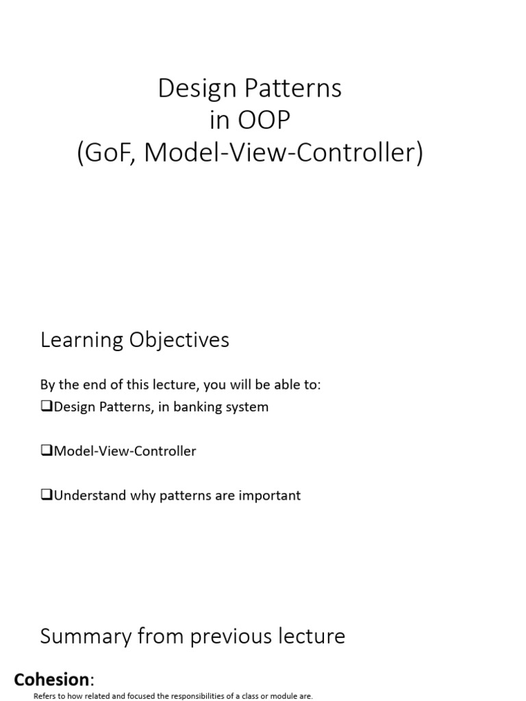 5 Lecture 2 Patterns - UPDATED | PDF | Model–View–Controller | Class (Computer Programming)