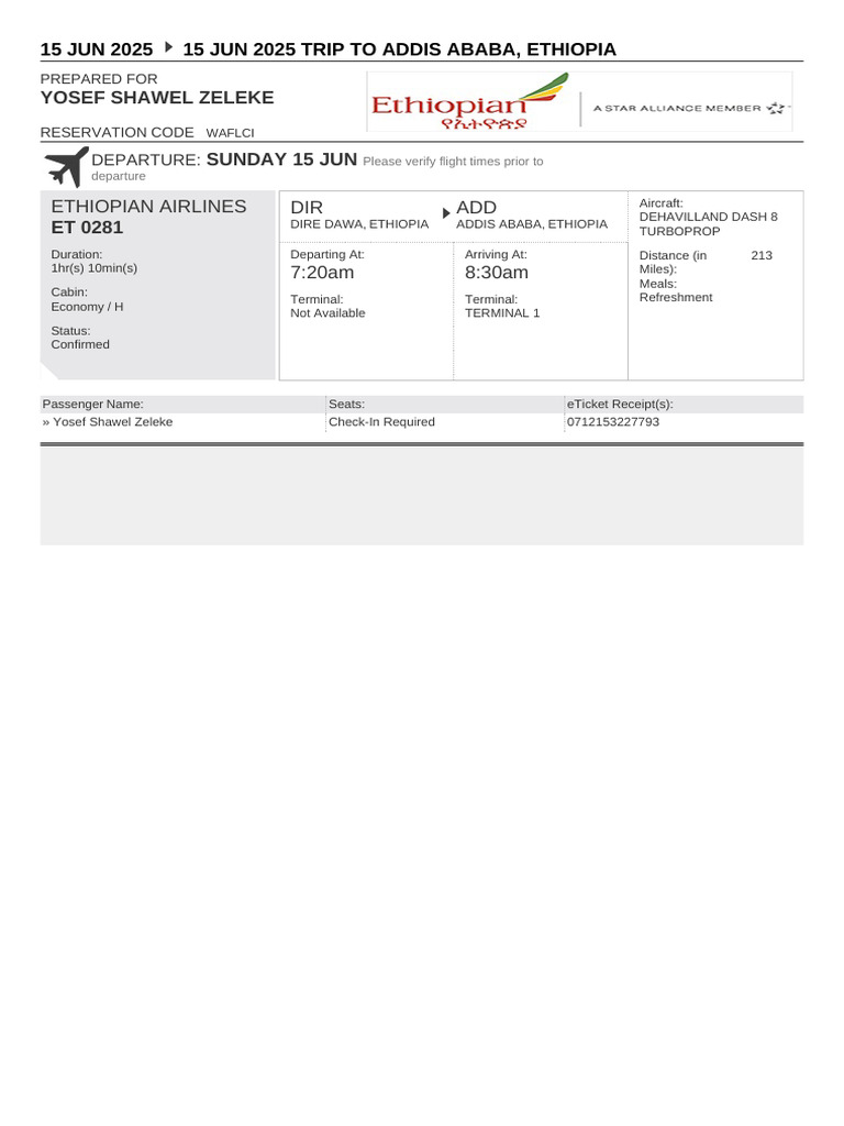 Travel Reservation June 15 For YOSEF SHAWEL ZELEKE | PDF