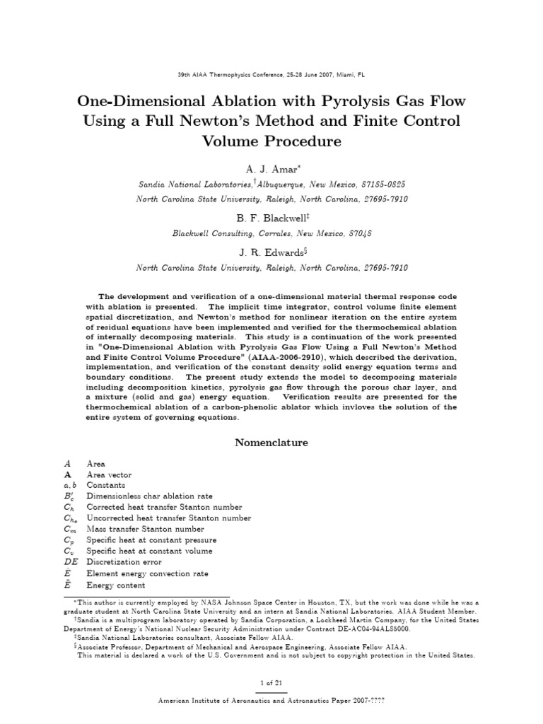 1D Ablation With Pyrolysis Gas Flow Using A Full Newton's Method and ...