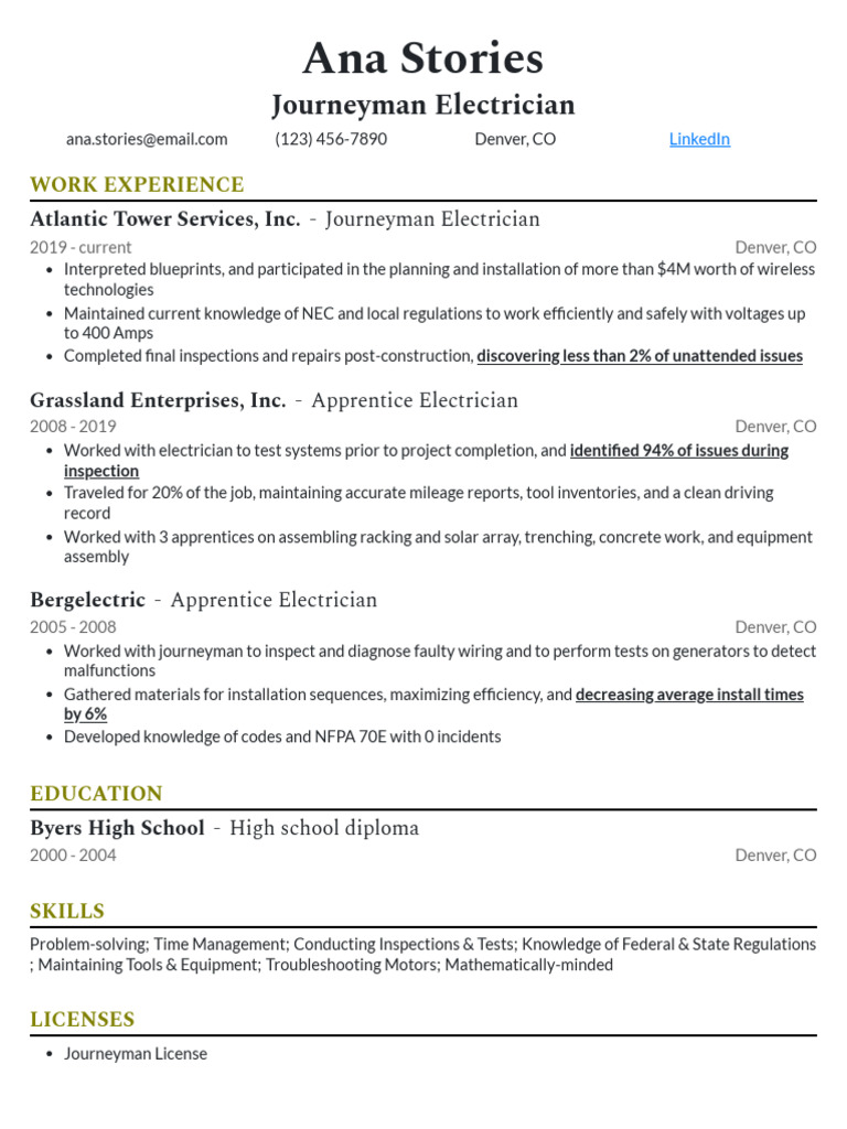 Journeyman Electrician Resume Example | PDF
