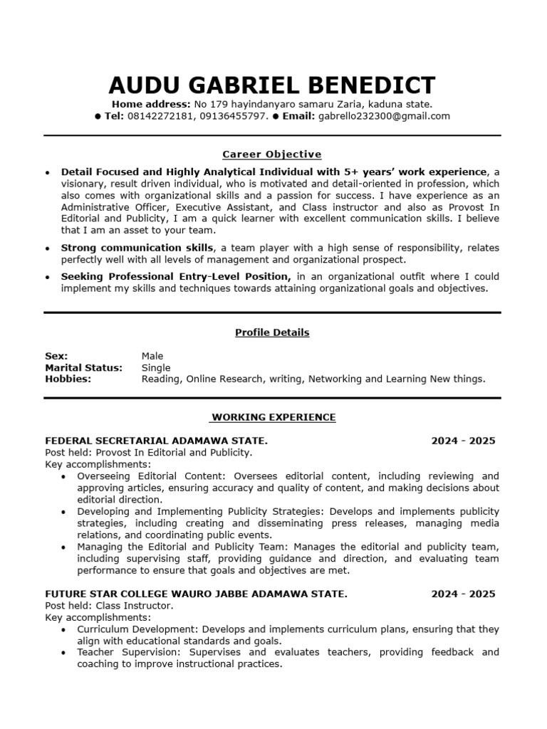 Audu Gabriel Benedict CV | PDF | Teachers | Behavior Modification