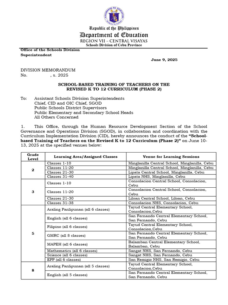 Memo CB Revised K 12 Phase 2 Final Draft 1 | PDF | Per Diem