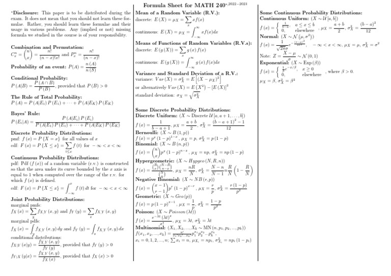 MATH 240 Formula Sheet 2022-2023 | PDF | Probability Distribution ...