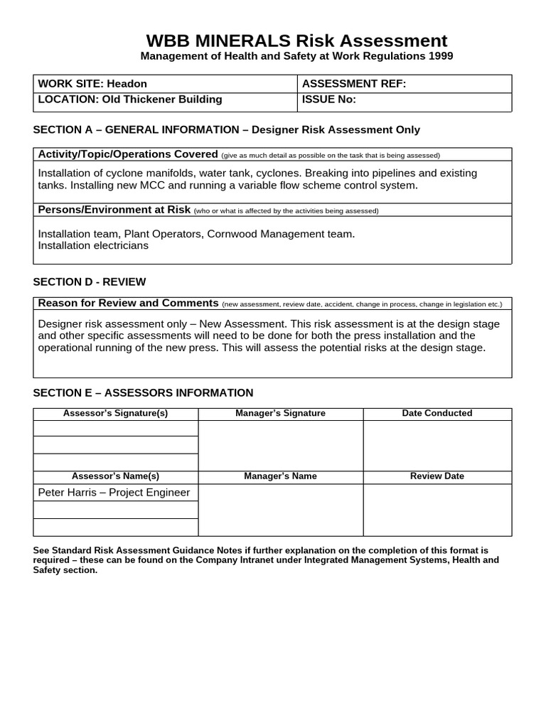 Designer Risk Assessment - Headon Hydrocyclone Install | PDF | Risk ...