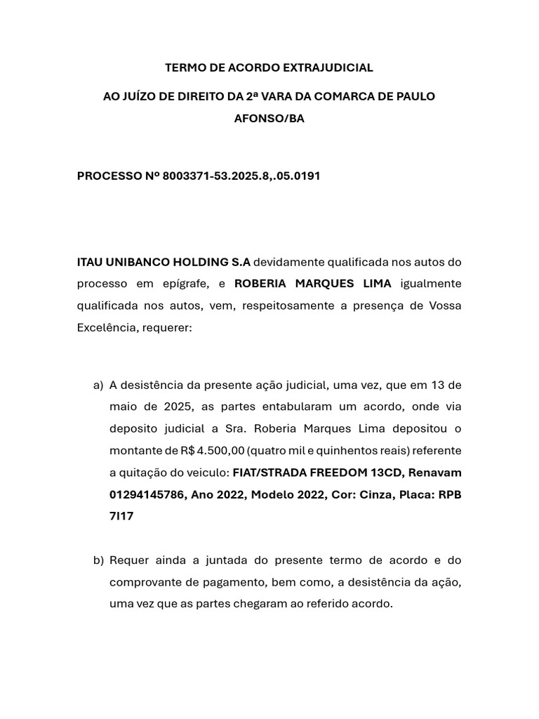 Termo de Acordo Extrajudicial Roberia | PDF