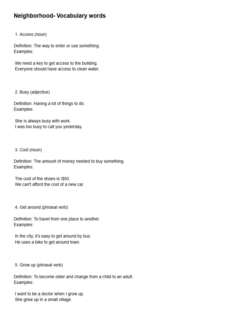 Neighborhood - Vocabulary Words | PDF