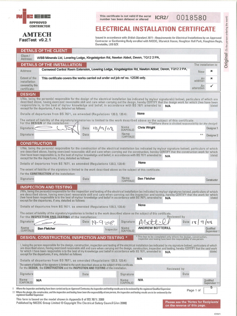Drew and Co Test Certificate For Control Room Wiring 2 | PDF
