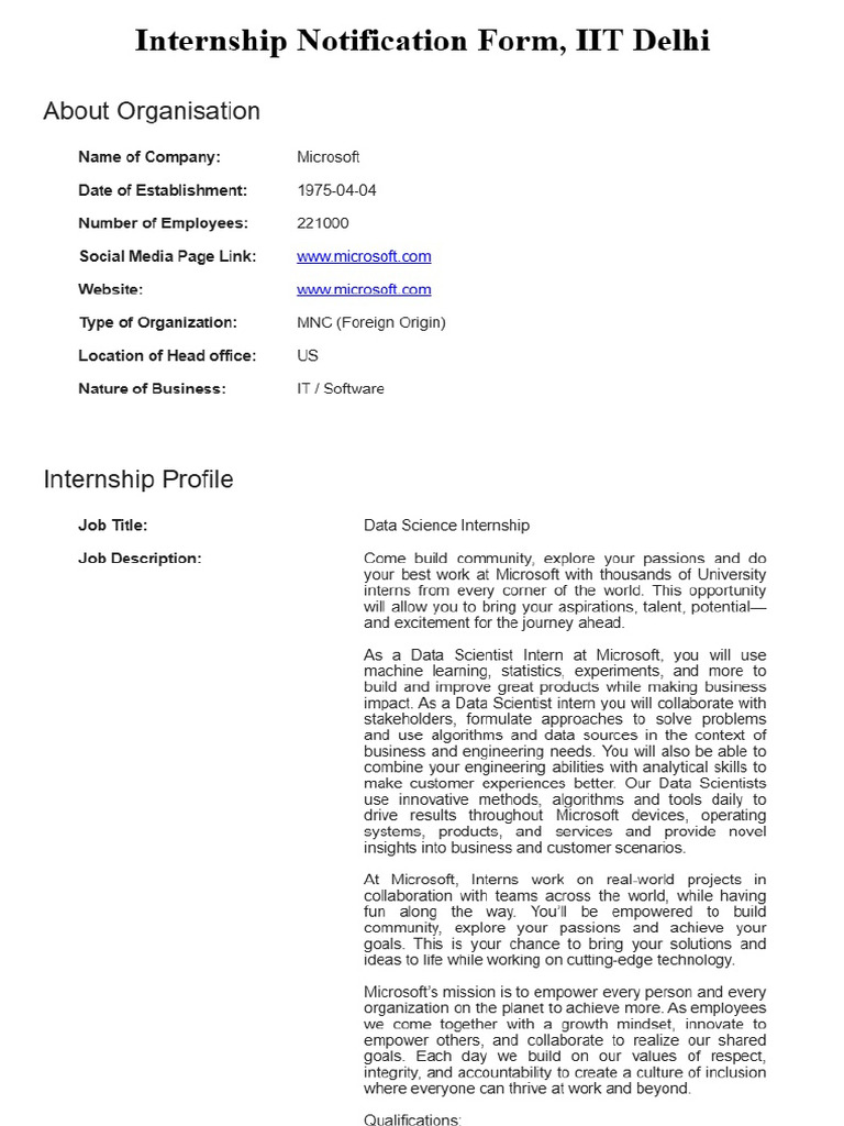 Microsoft (Data Science Internship) | PDF