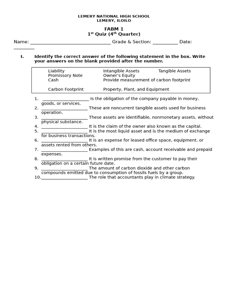 Fabm 1 1st Summative Test | PDF | Equity (Finance) | Liability ...