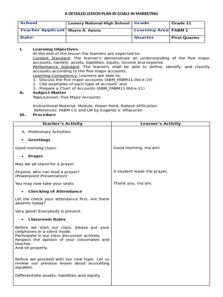 A Detailed Lesson Plan in Five Major Accounts | PDF | Equity (Finance ...