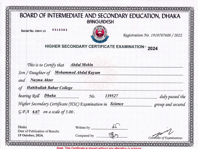 Hsc Certificate | PDF