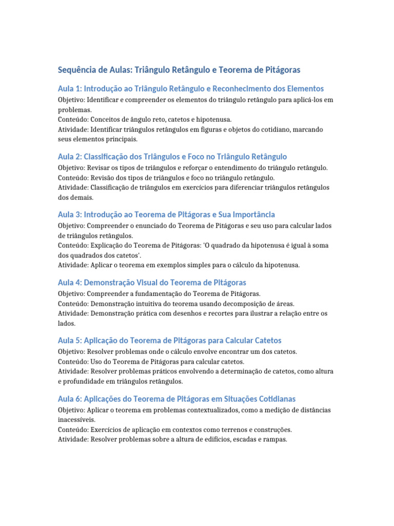 Sequencia Aulas Triangulo Retangulo Pitagoras | PDF | Triângulo | Geometria Elementar