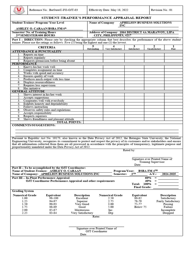 BatStateU FO OJT 03 Student Trainees Performance Appraisal Report Rev ...