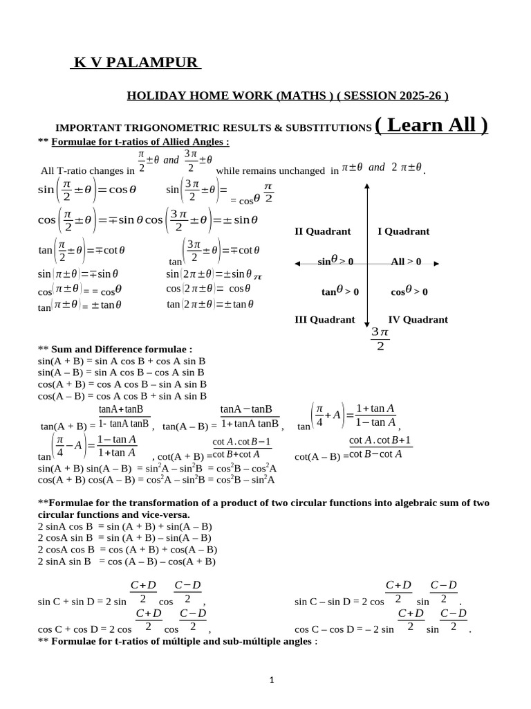 Holiday Homework Maths Core Class Xii | PDF | Trigonometric Functions | Mathematical Concepts