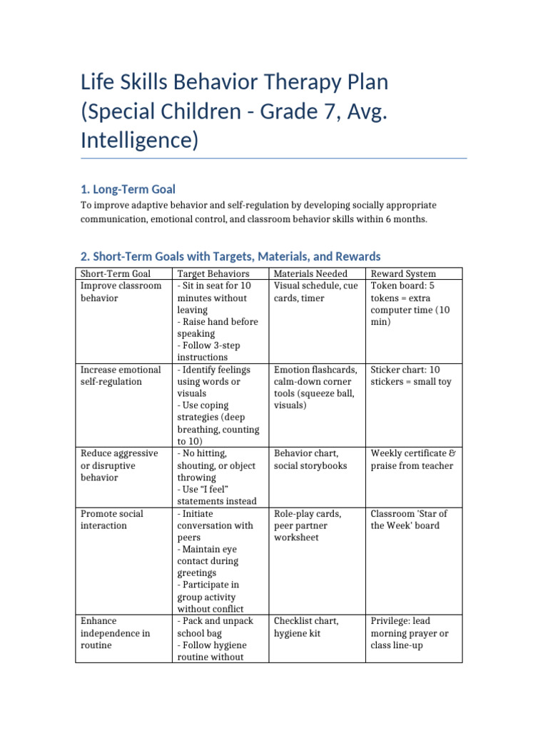 Life Skills Behavior Therapy Plan Grade7 | PDF | Emotional Self Regulation | Behavior