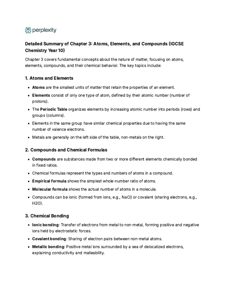 IGCSE Chemistry: Atoms, Elements, Compounds | PDF | Chemical Compounds ...