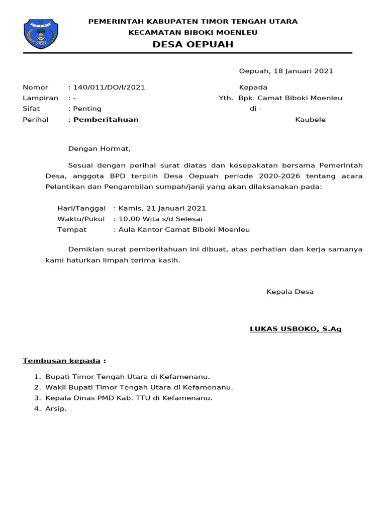 Undangan Pelantikan BPD Oepuah 2021 | PDF
