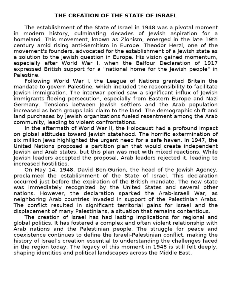 The Creation of The State of Israel | PDF | Jews | Mandatory Palestine