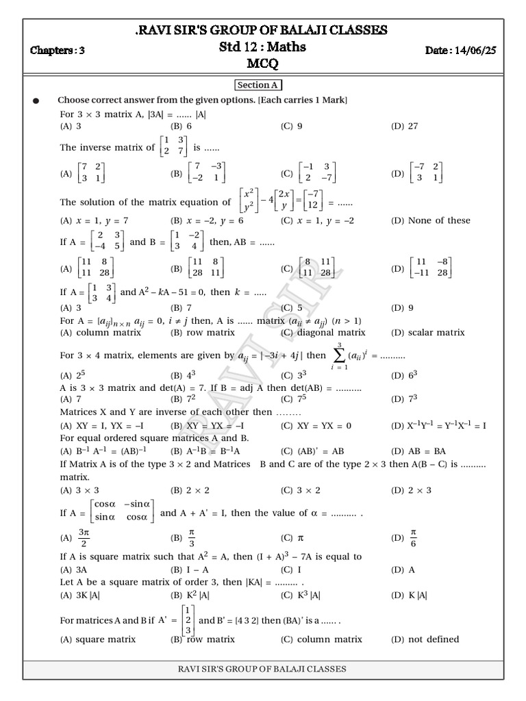 MCQ D14-Jun-2025 250614 123713 | PDF | Matrix (Mathematics) | Mathematical Objects