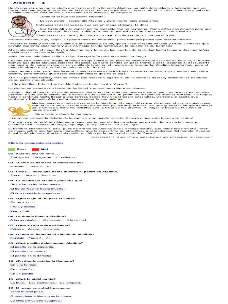 Aladino 1 - Lecturas Con Ejercicios - (Aprenderespanol - Org) | PDF