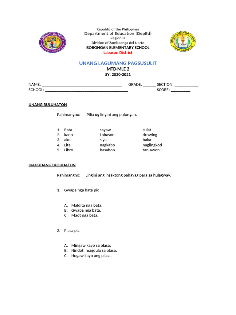 Grade 2 Summative Test-Mtb & Mle | PDF