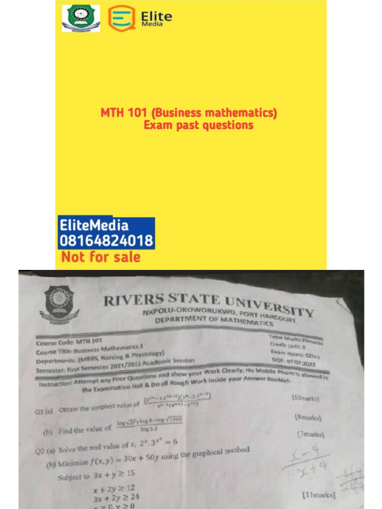 MTH 101 Exam Past Question (EliteMedia) | PDF