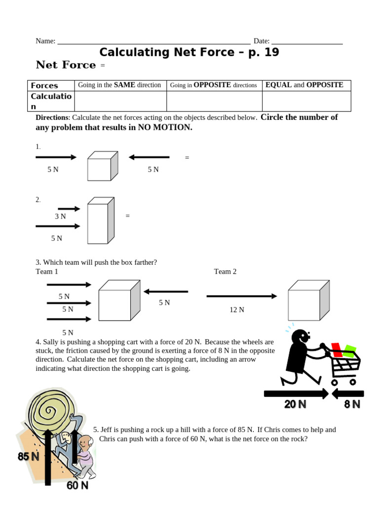 Net Force Calculation Worksheet | PDF | Force | Mechanics