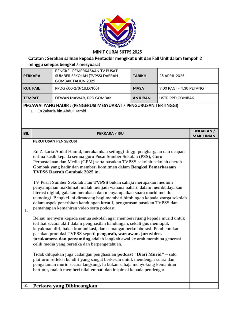 Minit Curai 2025 TVPSS | PDF