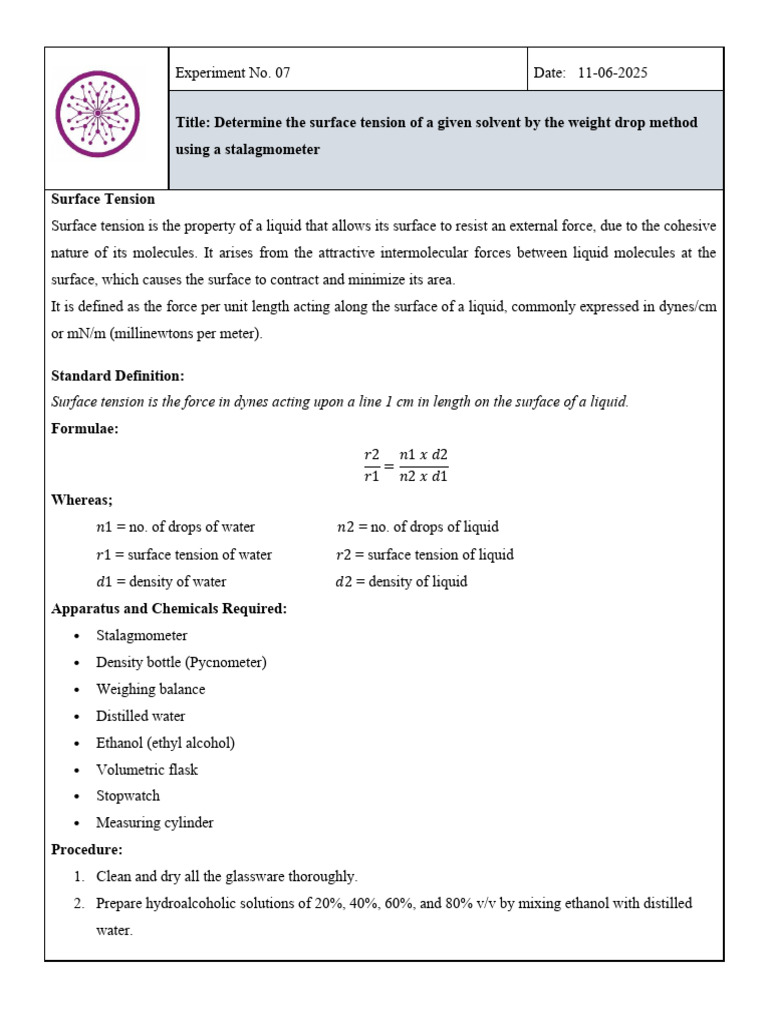 Physical Pharmacy - Experiment No 7 | PDF | Surface Tension | Liquids