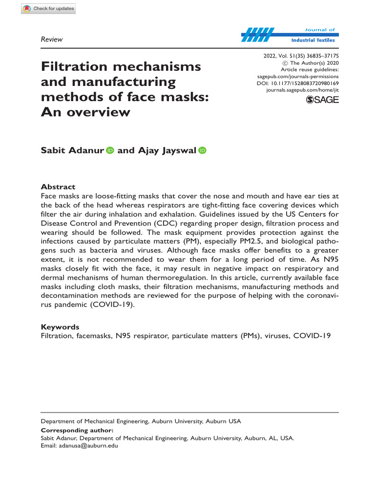 Filtration Mechanisms and Manufacturing Methods of Face Masks - An ...