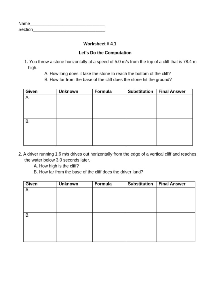 Worksheet 4.1 Projectile Motion | PDF
