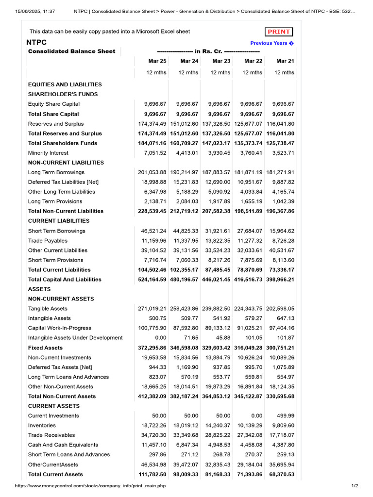 NTPC Consolidated Balance Sheet Data | PDF | Balance Sheet | Equity ...