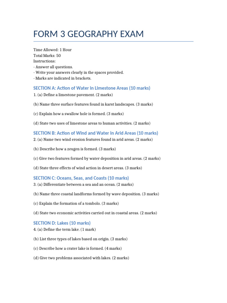 Form 3 Geography Exam and Marking Scheme | PDF | Lake | Sinkhole