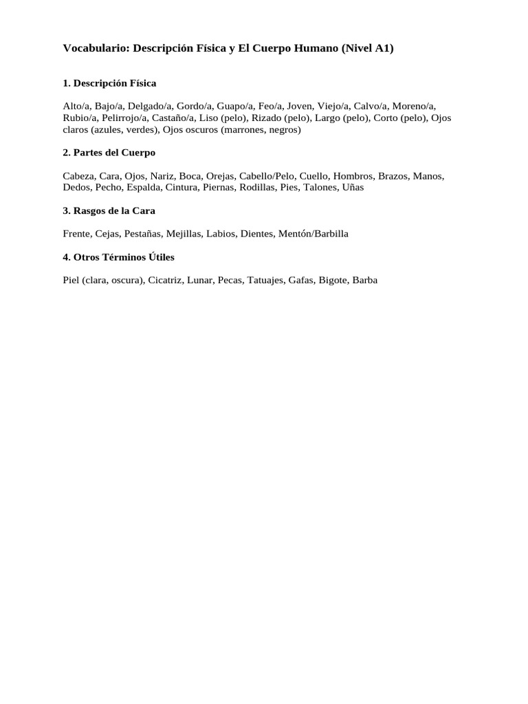 Vocabulario Descripción Física y El Cuerpo Humano A1 | PDF
