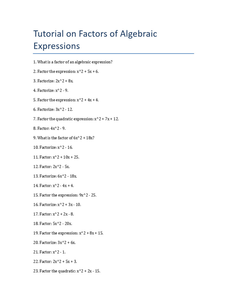 Factors of Algebraic Expressions Tutorial Witrh Answers | PDF | Chess ...