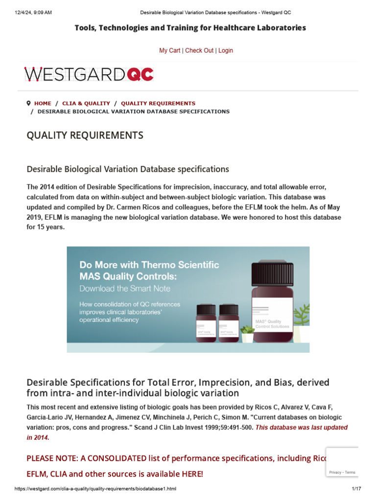 Desirable Biological Variation Database Specifications - Westgard QC | PDF | Lactate ...