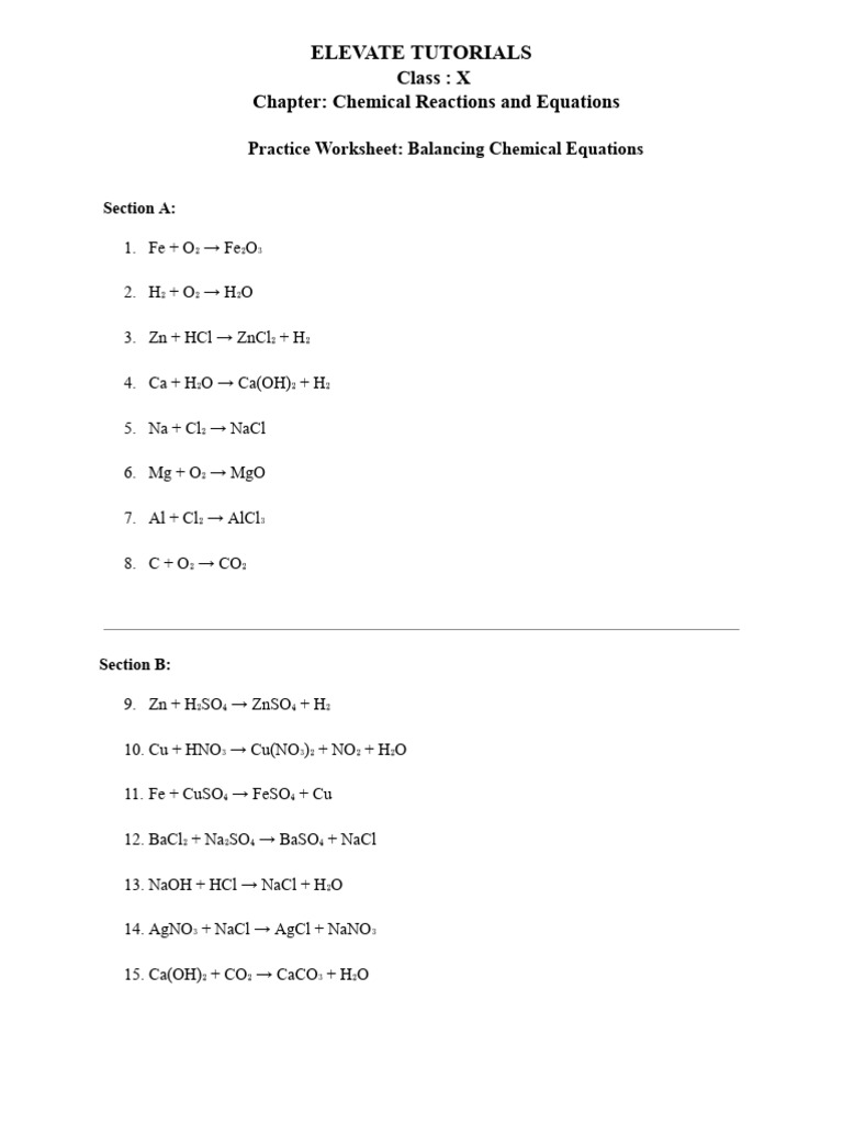 Class 10 Balancing Equations Worksheet | PDF