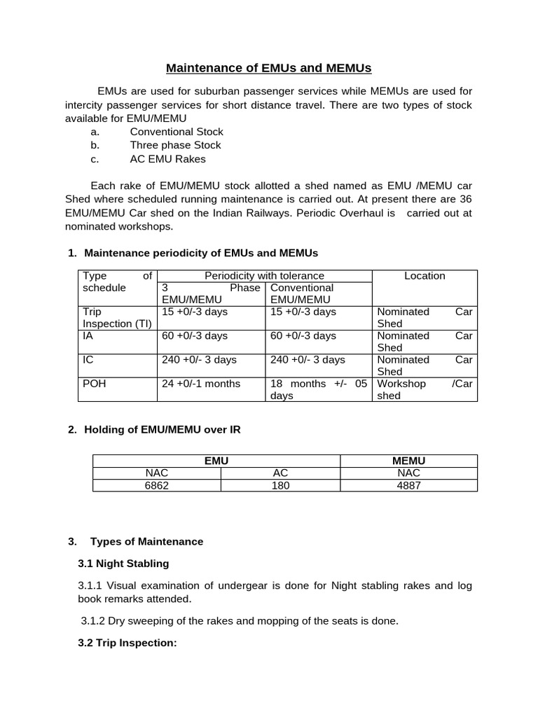 EMU/MEMU Maintenance Guidelines | PDF | Electric Rail Transport | Rail ...