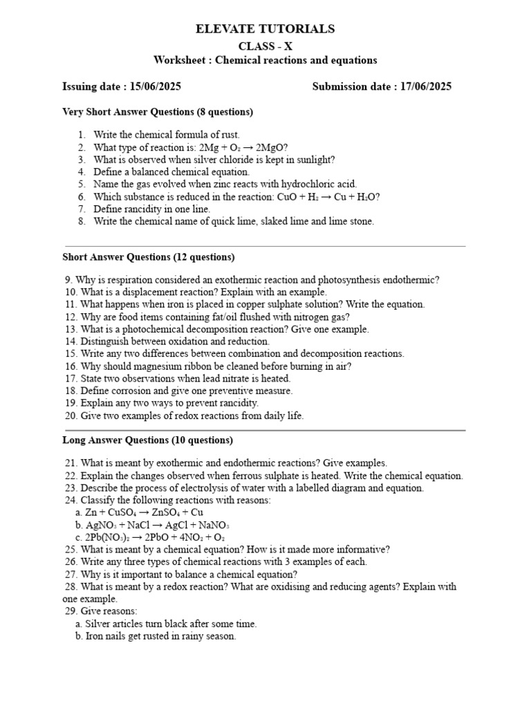 Worksheet - Chemical Reactions and Equations 2025 | PDF | Chemical ...