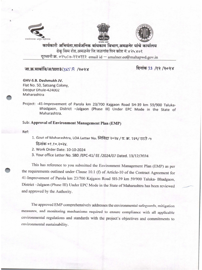 05.PWD Inward Letter 365B Date.13.12.2024 - Environment Management Plan ...
