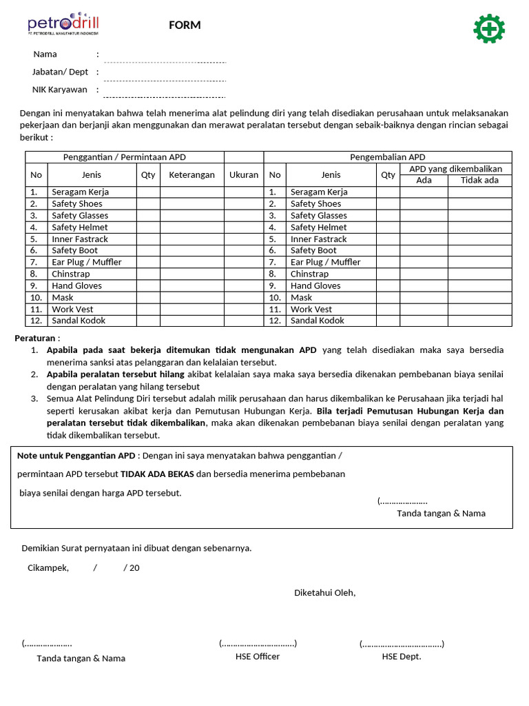 02 F-Sop-Hrd-003-001 Surat Pernyataan Apd Oses Rev2 | PDF