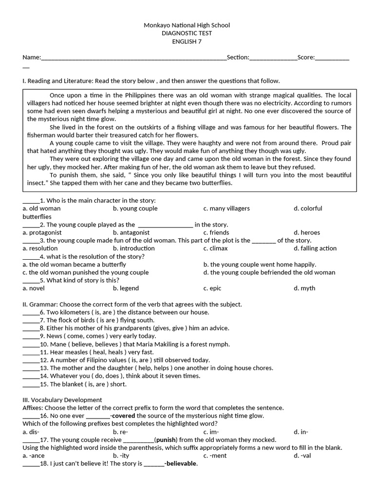 English 7 Diagnostic Test q1 | PDF | Idiom