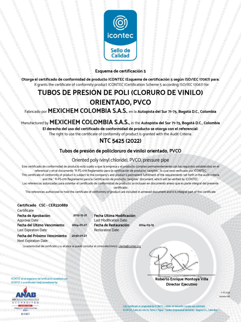 Tub - PVC - MEXICHEM COLOMBIA S.A.S - CSC - CER220889 - Cert | PDF