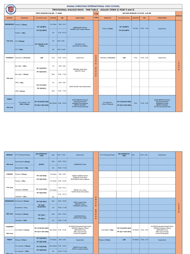 2024-2025 EOYM - Wassce Timetable.V3 | PDF | Writing