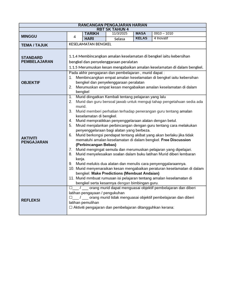 Contoh RPH RBT Tahun 4 | PDF