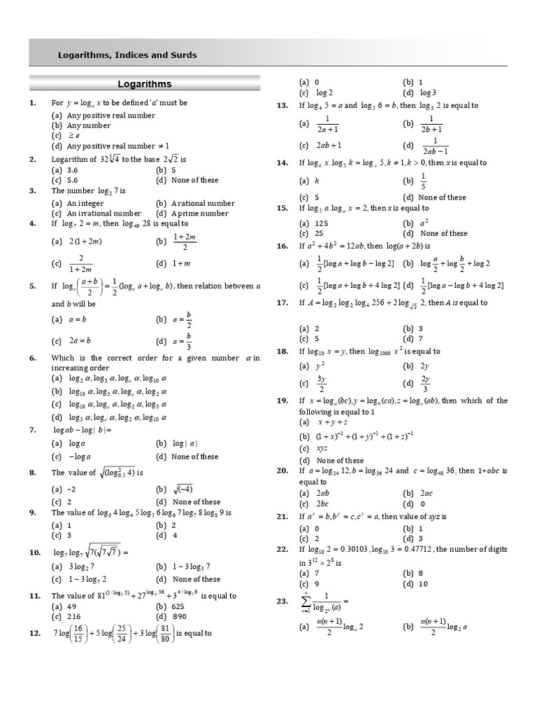 Ques. Chp.02-Logarithms, Indices | PDF | Real Number | Numbers