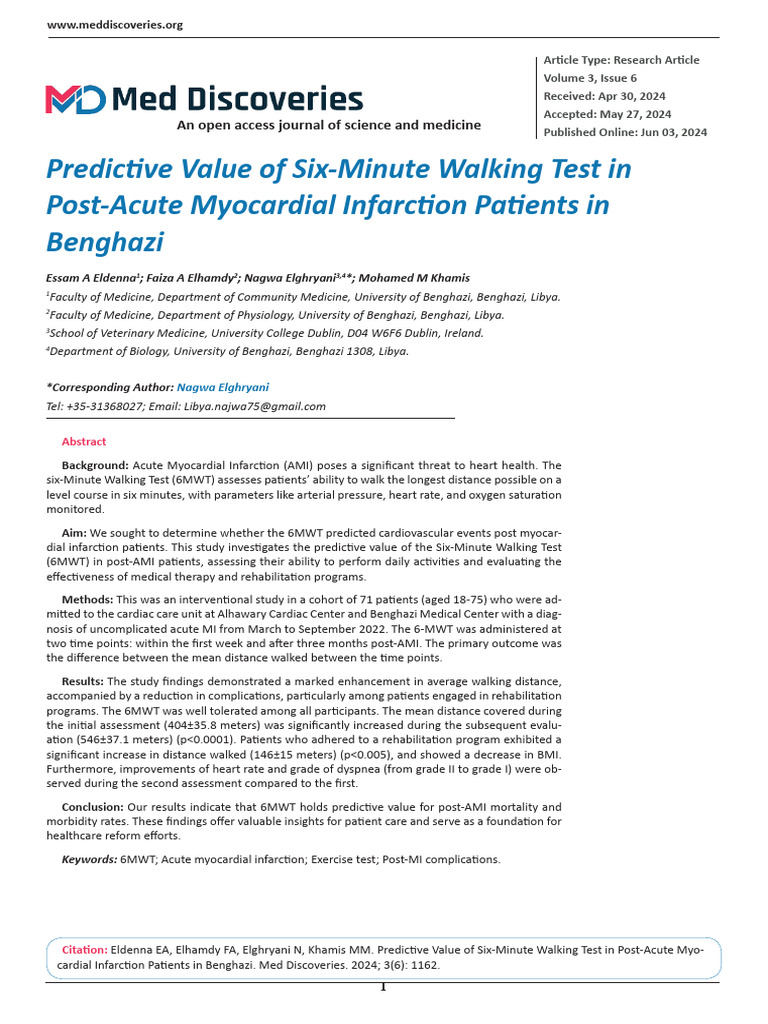 Predictive Value of Six-Minute Walking Test in Post-Acute Myocardial ...