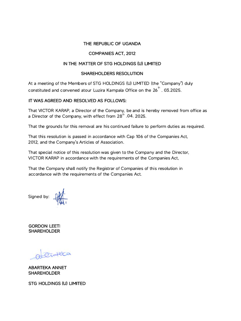 STG Holdings Shareholder Resolution 2025 | PDF